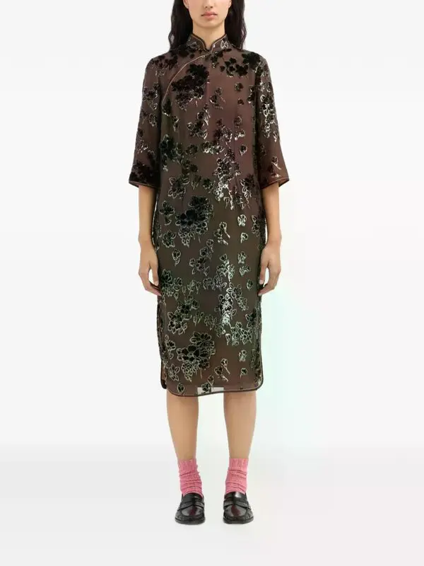 PIERRE-LOUIS MASCIA Floral Velvet Mandarin-collar Dress - Brown