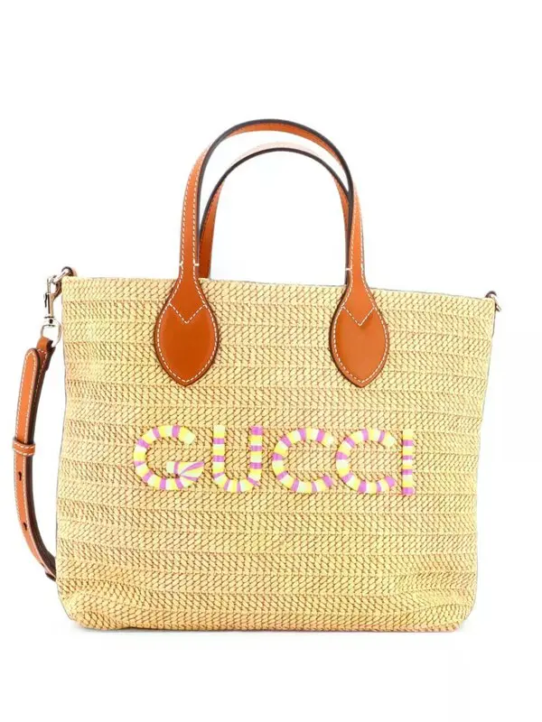 Gucci Logo Plaque Convertible Raffia Small Tote Bag - Neutrals