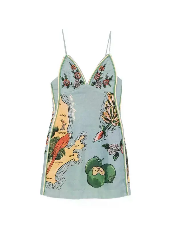 Farm Rio Embroidered Floral-print Linen Mini Dress