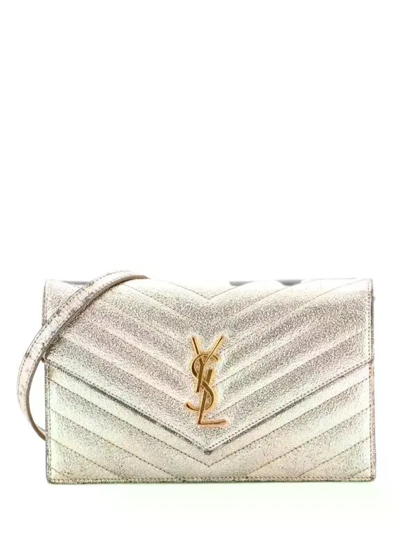 Saint Laurent Classic Monogram Wallet On Chain Matelasse Chevron Metallic Leather Small Crossbody Bag - Silver