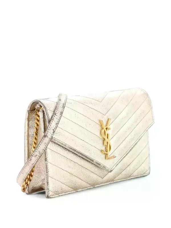 Saint Laurent Classic Monogram Wallet On Chain Matelasse Chevron Metallic Leather Small Crossbody Bag - Silver