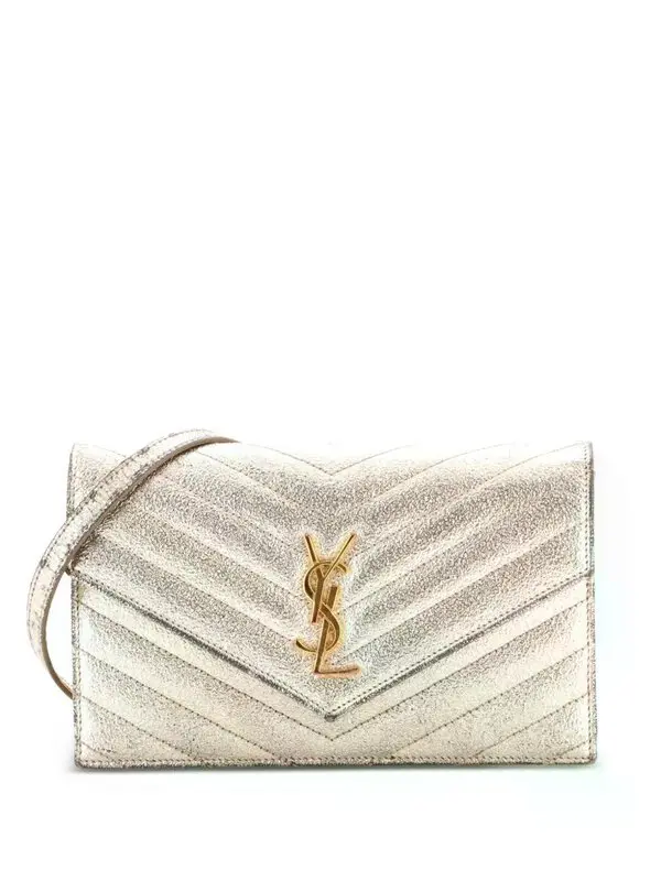 Saint Laurent Classic Monogram Wallet On Chain Matelasse Chevron Metallic Leather Small Crossbody Bag - Silver