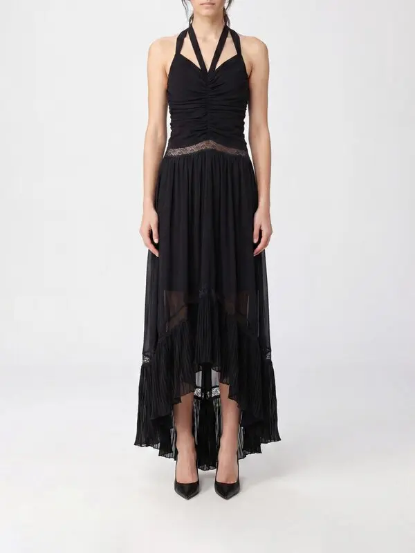 Blumarine Asymmetrical Midi Georgette Dress With Lace Inserts