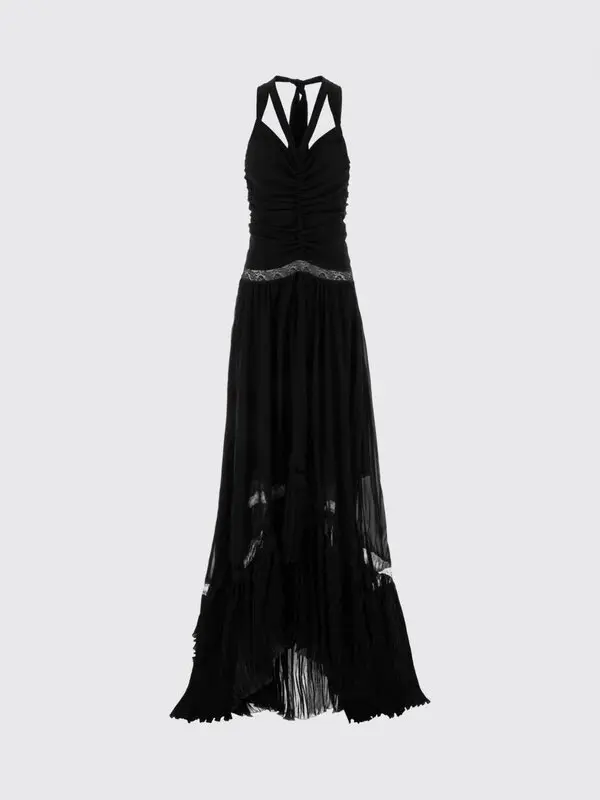 Blumarine Asymmetrical Midi Georgette Dress With Lace Inserts