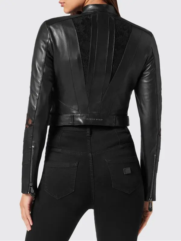 Philipp Plein Nappa Leather And Lace Crop Biker Jacket
