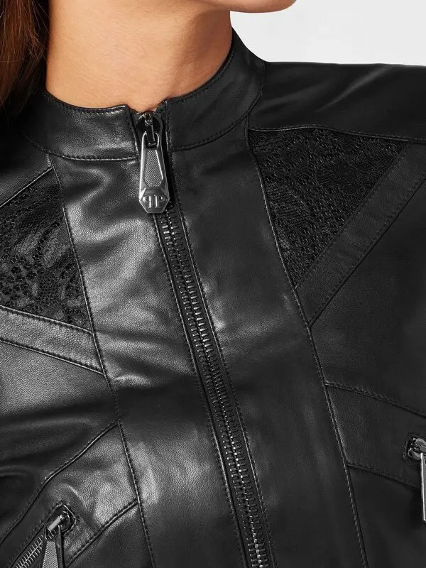 Philipp Plein Nappa Leather And Lace Crop Biker Jacket