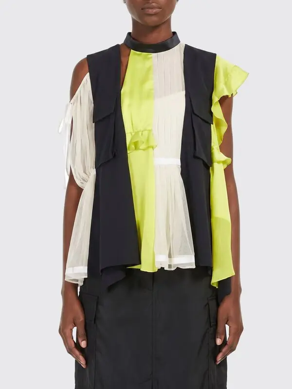 Sacai Sleeveless Asymmetrical Abstract Print Wool-blend Blouse