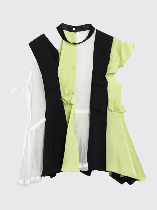 Sacai Sleeveless Asymmetrical Abstract Print Wool-blend Blouse