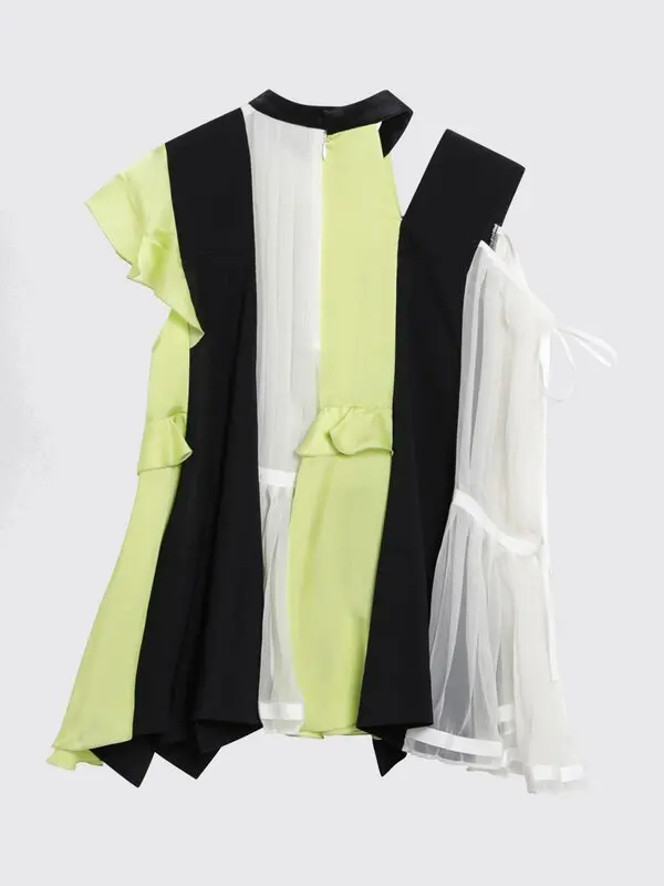 Sacai Sleeveless Asymmetrical Abstract Print Wool-blend Blouse