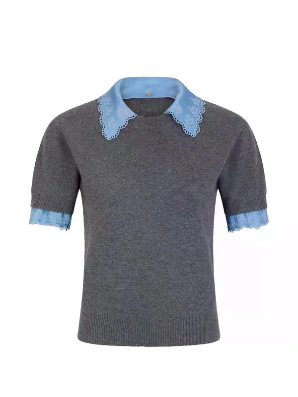 Rabanne Embroidered Satin-trim Short-sleeve Sweater - Grey