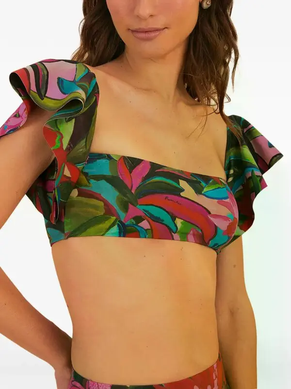 Farm Rio Jardin De Reve Ruffle-detailed Floral-print Bikini Top - Green