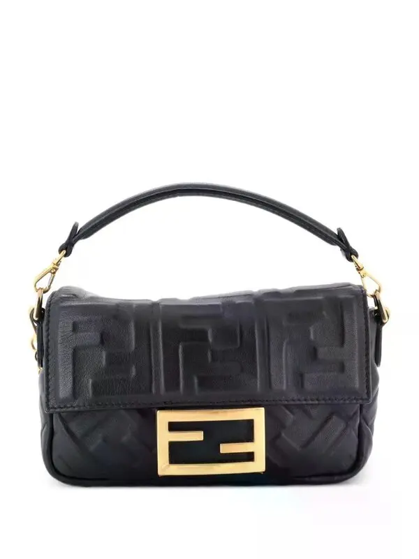 Fendi Baguette Nm Bag Zucca Embossed Leather Mini Crossbody Bag - Black