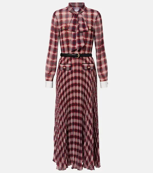 SELF-PORTRAIT Belted Checked Chiffon Midi Dress - Red