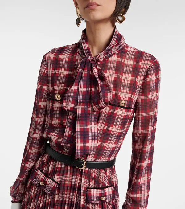 SELF-PORTRAIT Belted Checked Chiffon Midi Dress