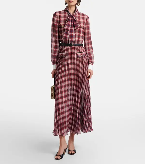 SELF-PORTRAIT Belted Checked Chiffon Midi Dress
