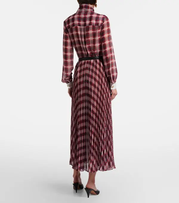 SELF-PORTRAIT Belted Checked Chiffon Midi Dress