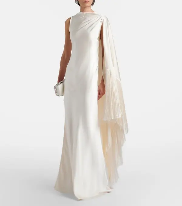 SELF-PORTRAIT Caped Fringed Satin Gown