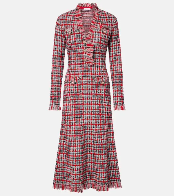 SELF-PORTRAIT Checked Frayed Knitted Midi Dress