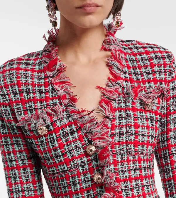 SELF-PORTRAIT Checked Frayed Knitted Midi Dress