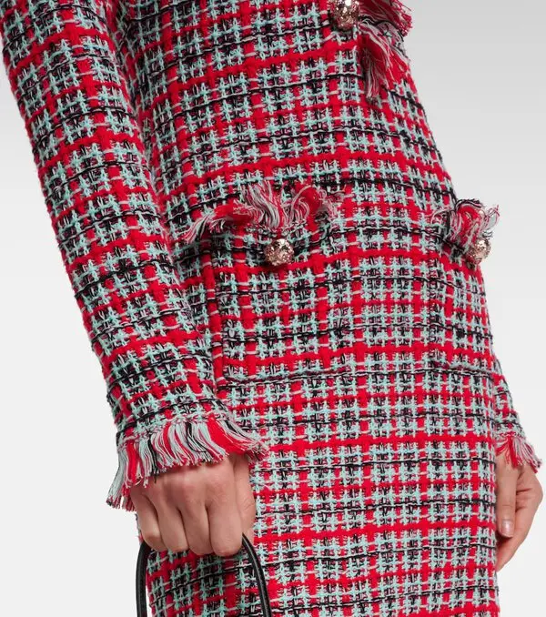 SELF-PORTRAIT Checked Frayed Knitted Midi Dress