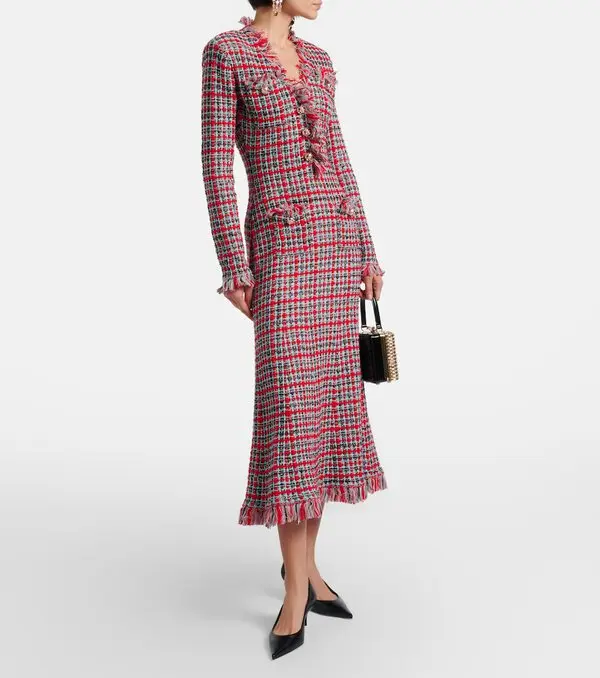 SELF-PORTRAIT Checked Frayed Knitted Midi Dress
