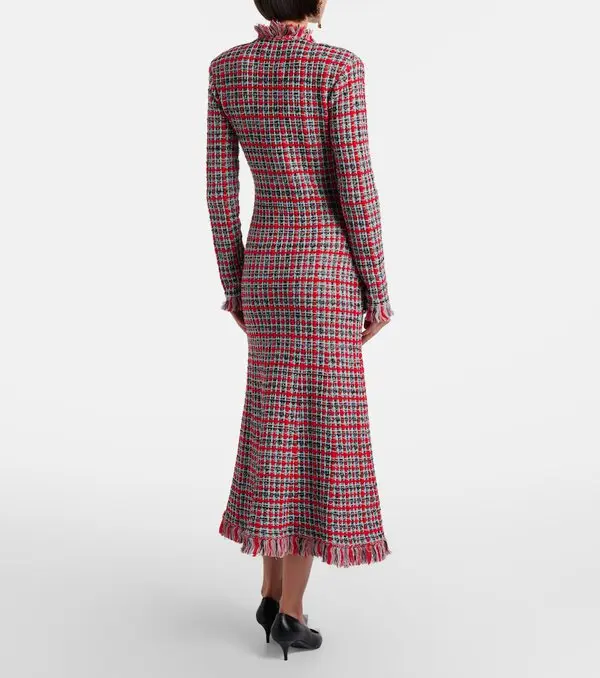SELF-PORTRAIT Checked Frayed Knitted Midi Dress
