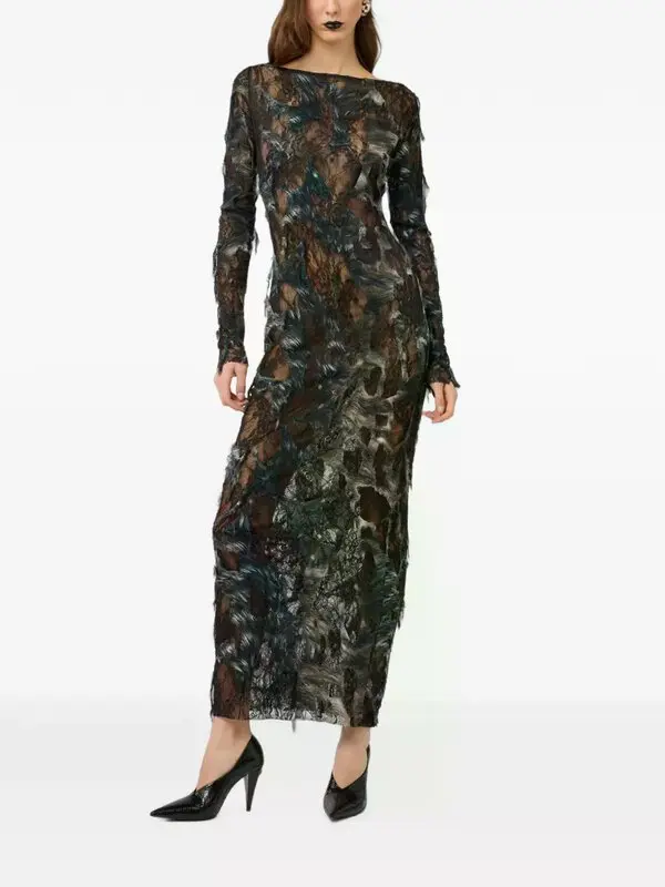 Roberto Cavalli Maxi Feather-embellished Lace Dress