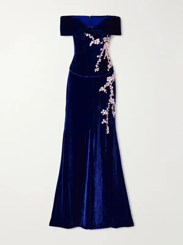 Costarellos Rielle Flower-appliqué Off-the-shoulder Velvet Gown