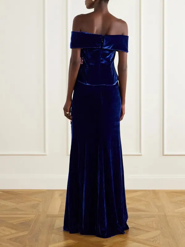 Costarellos Rielle Flower-appliqué Off-the-shoulder Velvet Gown
