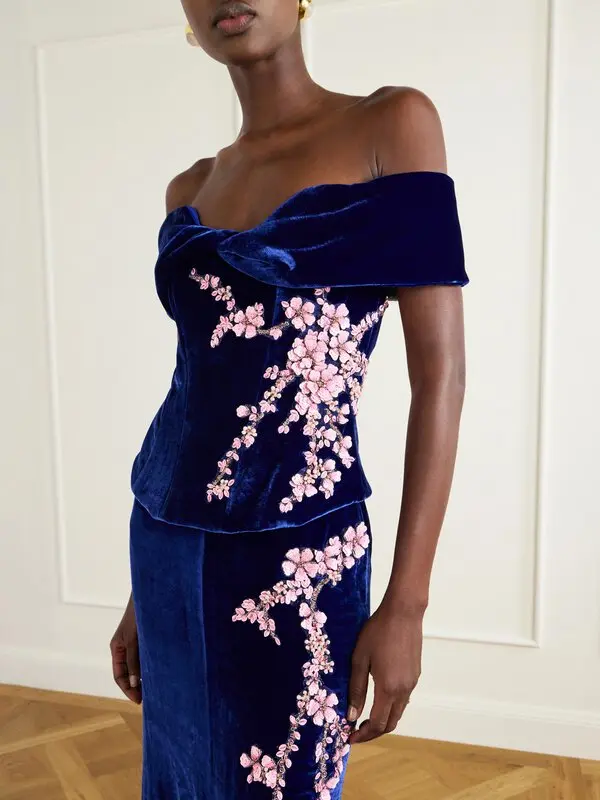 Costarellos Rielle Flower-appliqué Off-the-shoulder Velvet Gown
