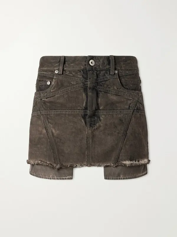 Rick Owens Lana Paneled Frayed Denim Mini Skirt - Gray