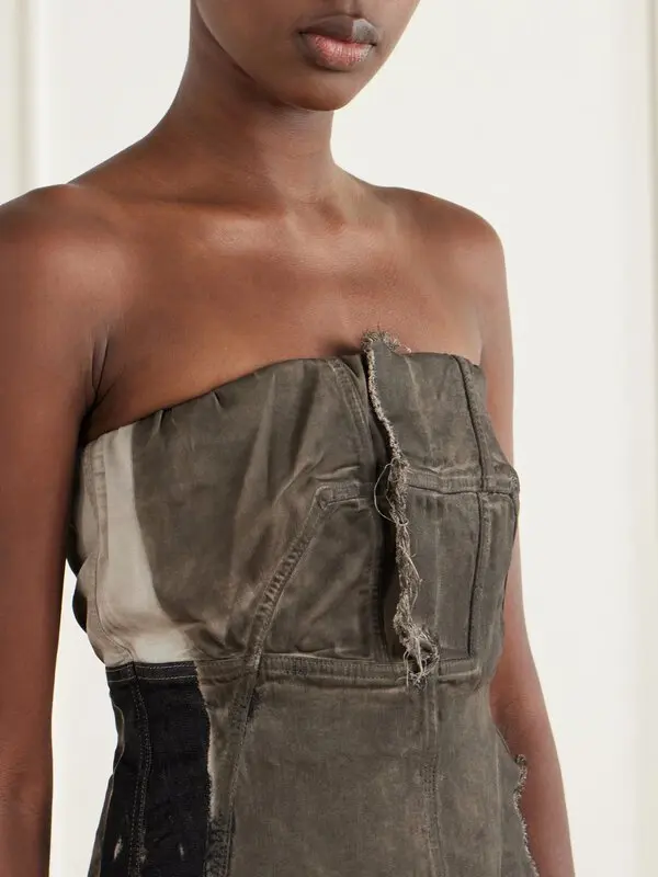Rick Owens Splintered Paneled Frayed Stretch-denim Top
