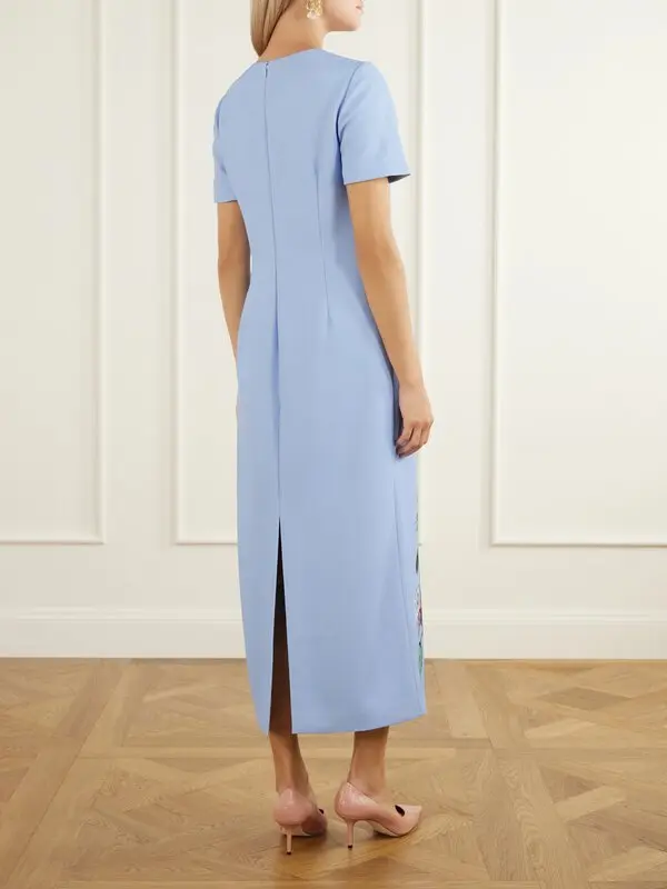 Carolina Herrera Crystal-embellished Floral Stretch-crepe Midi Dress - Blue