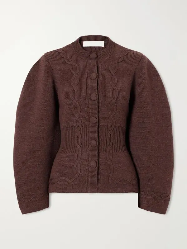 DESTREE Embroidered Ribbed-trimmed Wool Cardigan - Brown