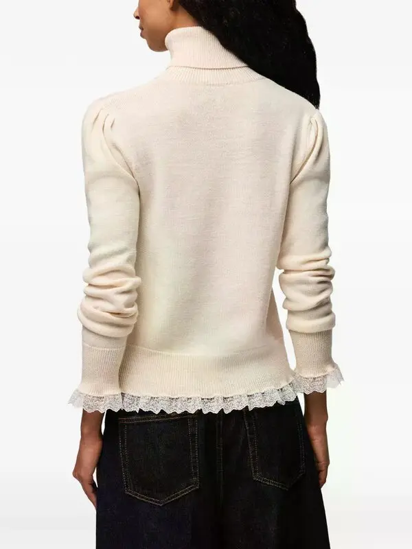 GANNI Merino Wool Roll Neck Jumper With Lace Trim