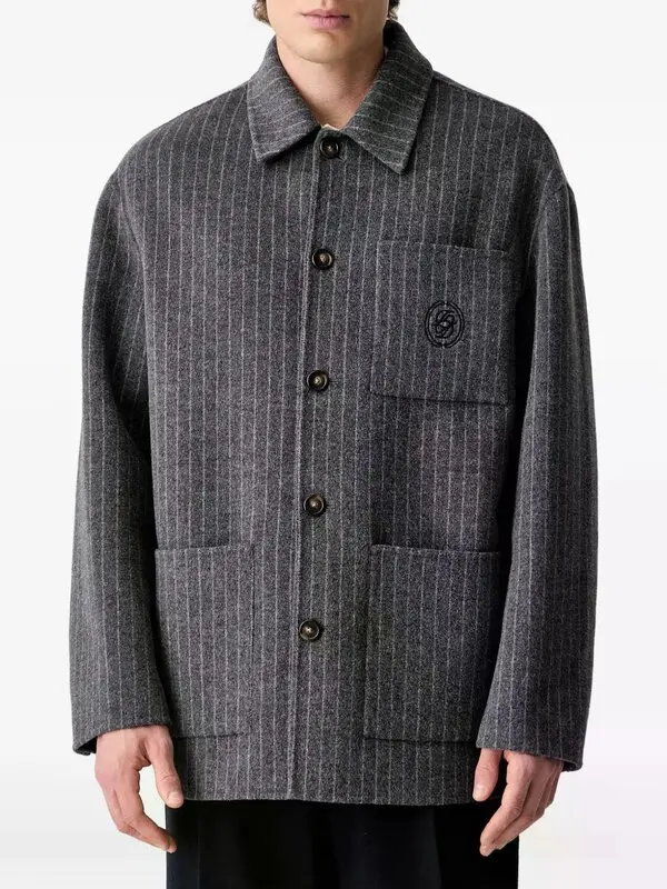 Drole De Monsieur Pinstripe-pattern Logo-embroidered Shirt Jacket