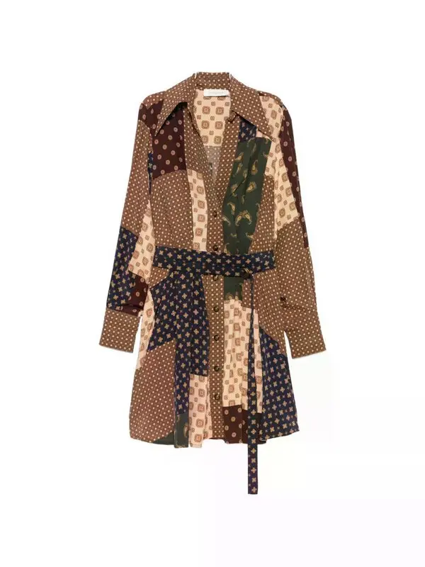 Zimmermann Tuck Patchwork-print Belted Mini Dress - Brown