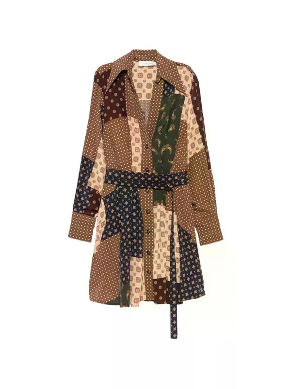 Zimmermann Tuck Patchwork-print Belted Mini Dress