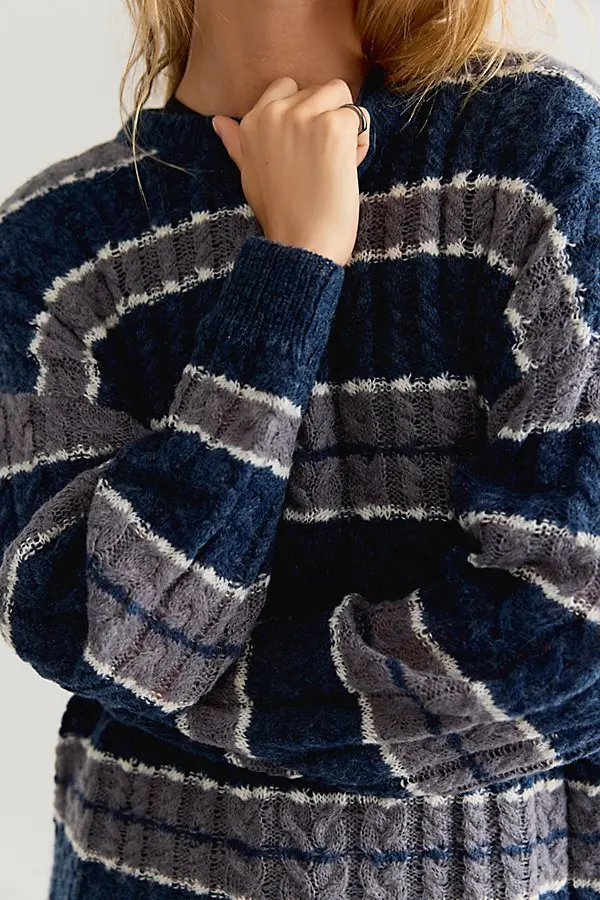 Free People Striped Cable Knit Pullover - Navy Combo