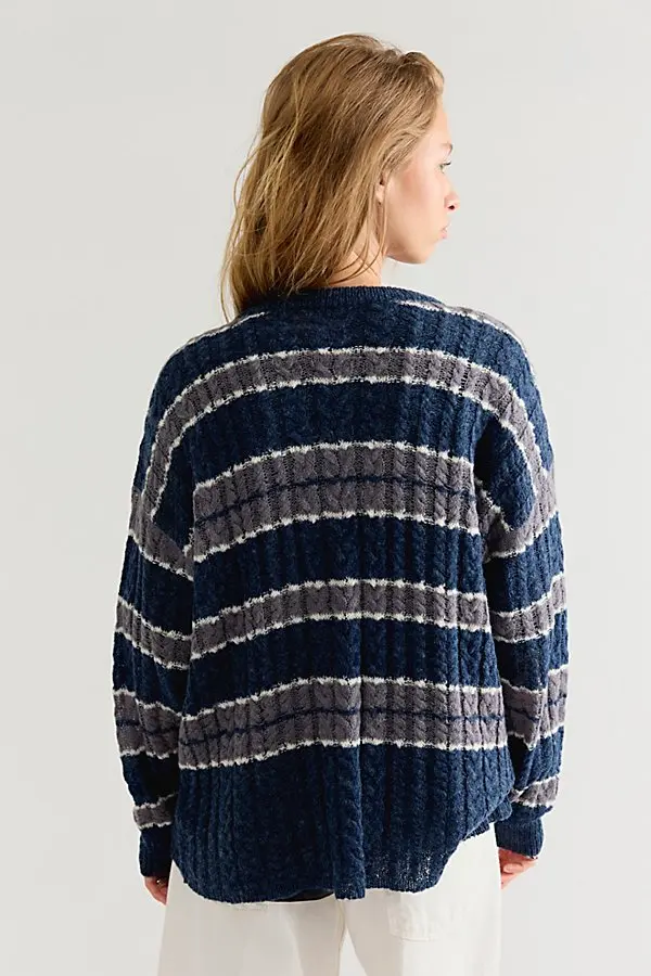Free People Striped Cable Knit Pullover - Navy Combo
