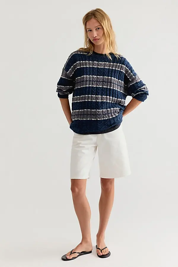 Free People Striped Cable Knit Pullover - Navy Combo