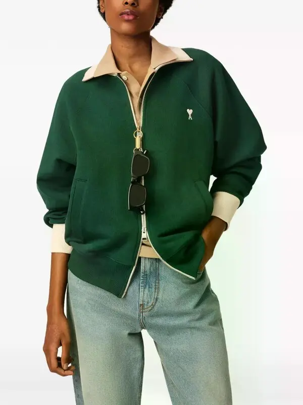 AMI Paris Zipped Organic Cotton Sweatshirt With De Coeur