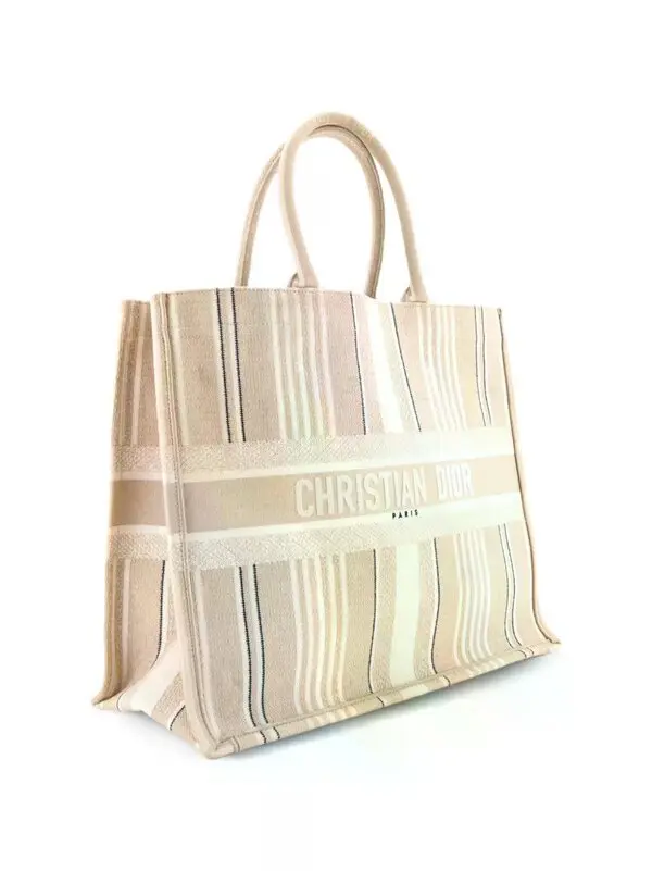 Dior Book Bayadere Stripe Embroidered Canvas Large Tote Bag - Neutrals