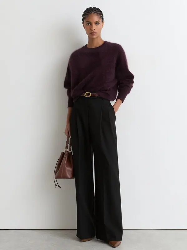 REISS Wool-blend Wide-leg Pleated Trousers - Black