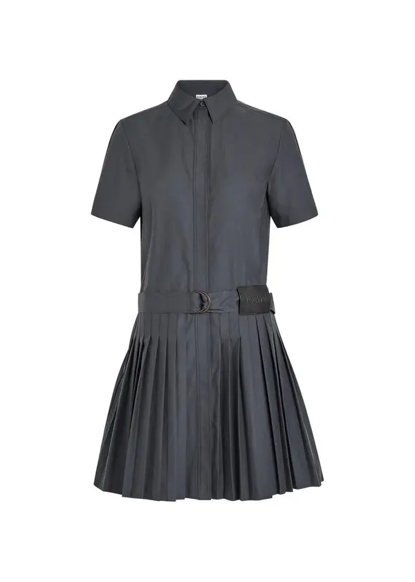 Loewe Pleated Belted Cotton-blend Mini Dress - Navy