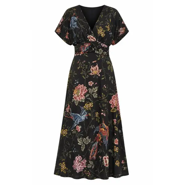 YUMI Viscose Bird & Floral Print Kimono Midi Dress - Black