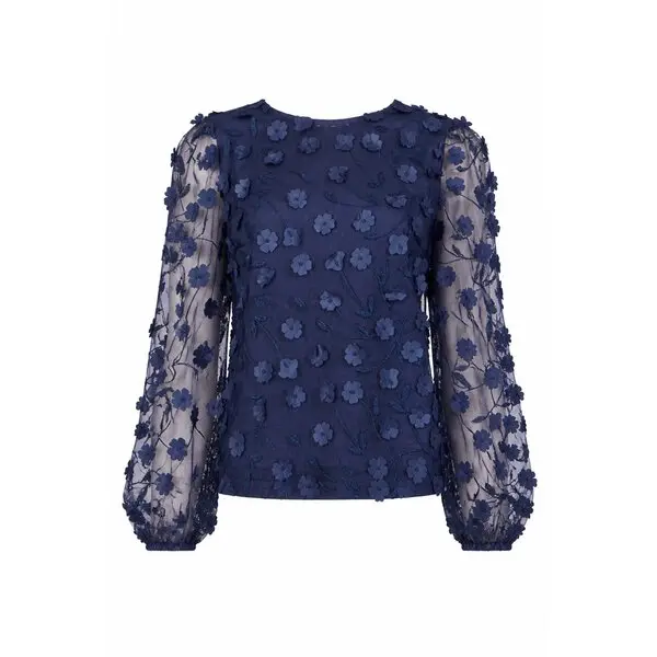 YUMI Navy Sheer Sleeve Applique Flower Top
