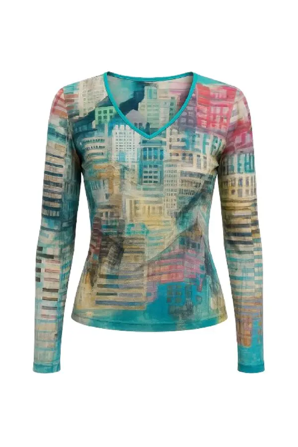 CONQUISTA Cityscape Print V-neck Long-sleeve Top