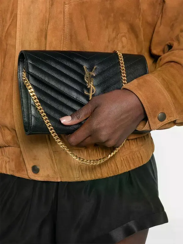 Saint Laurent Classic Cassandre Chain Wallet In Grain De Poudre Leather - Black