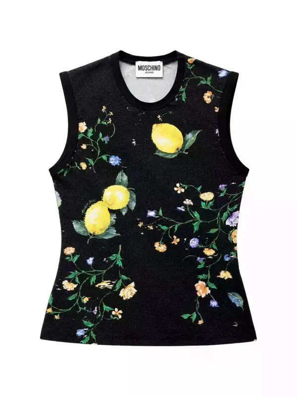 Moschino Lemon-print Floral-pattern Top - Black